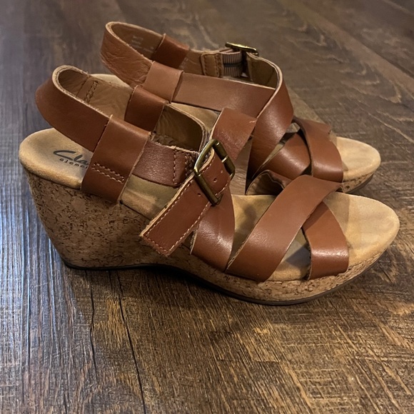 Clarks | Shoes | Clarks Elements Cork Wedge Brown Leather Upper Sandal ...